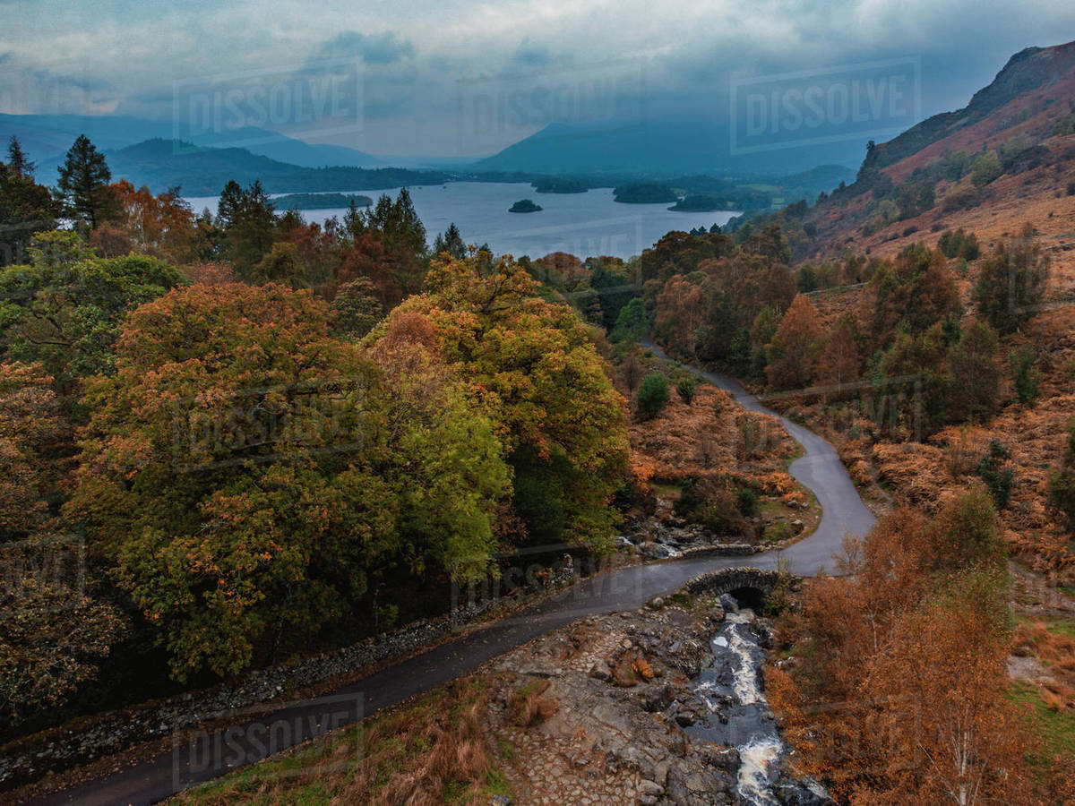 Aerial view of Ashness Bridge and Derwentwater, Lake District National ...