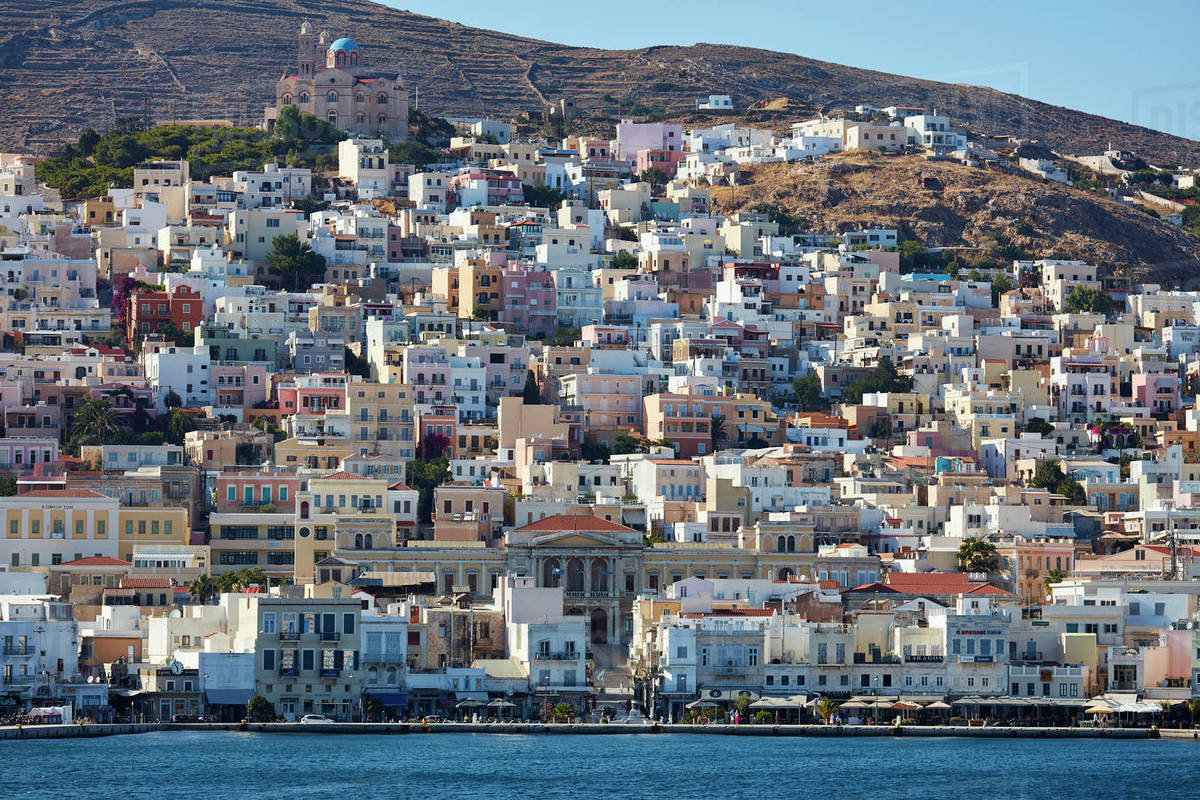 Neoclassical architecture in pastel colors, Ermoupolis, Syros, Cyclades ...