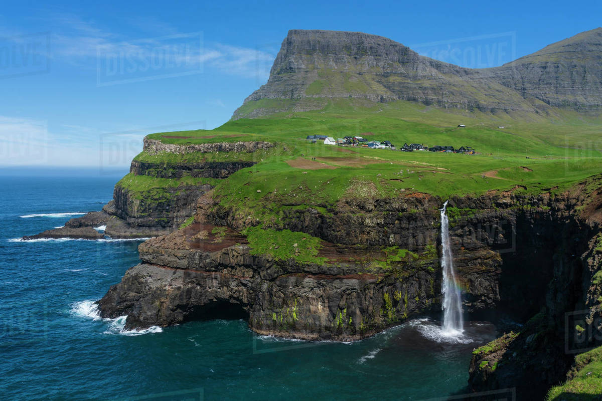 Mulafossur waterfall, Gasaldur, Vagar Island, Faroe Islands, Denmark ...