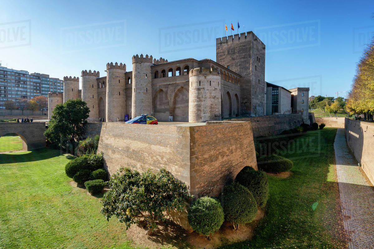 Aljaferia fortified medieval Islamic palace building exterior, Zaragoza ...