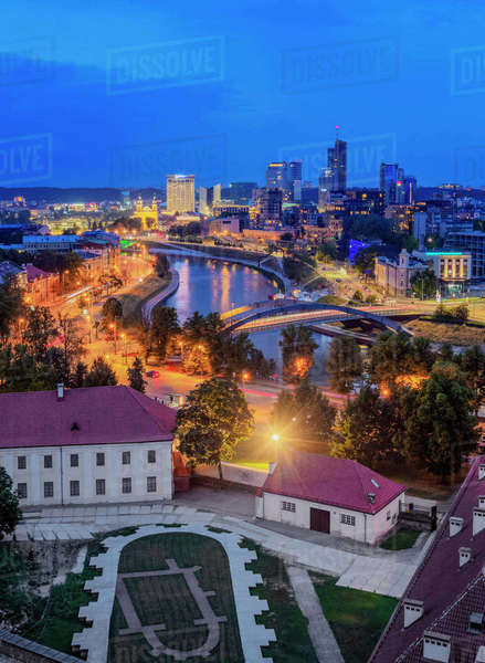 View over Neris River towards Snipiskes, New City Centre, dusk, Vilnius ...