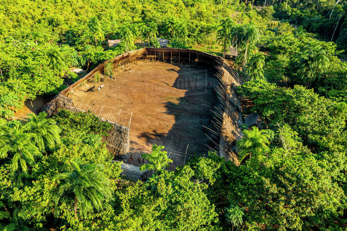 Aerial of a shabono (yanos), the traditional communal dwellings of the ...