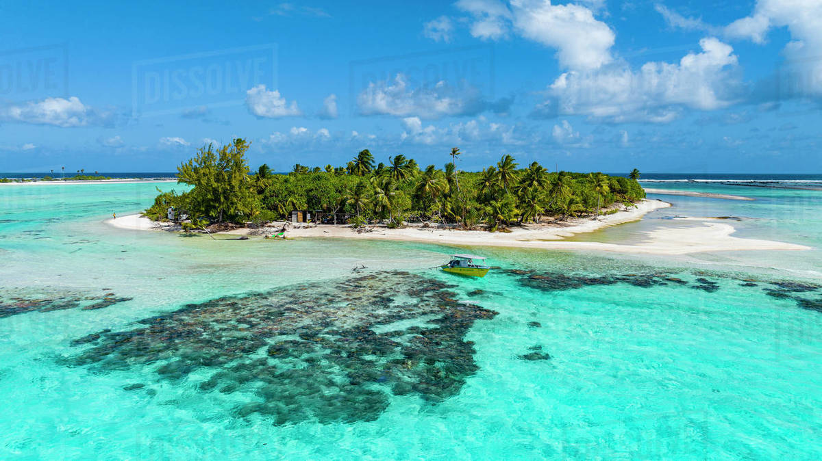 Aerial of the Blue Lagoon, Rangiroa atoll, Tuamotus, French Polynesia ...