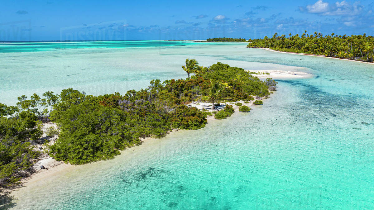 Aerial of the blue lagoon, Fakarava, Tuamotu archipelago, French ...