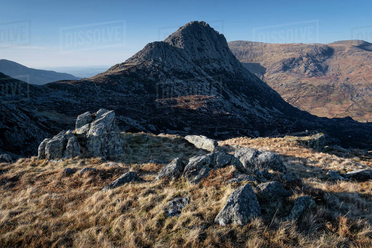 Last light on Tryfan viewed from Glyder Fach, The Glyderau, Snowdonia ...