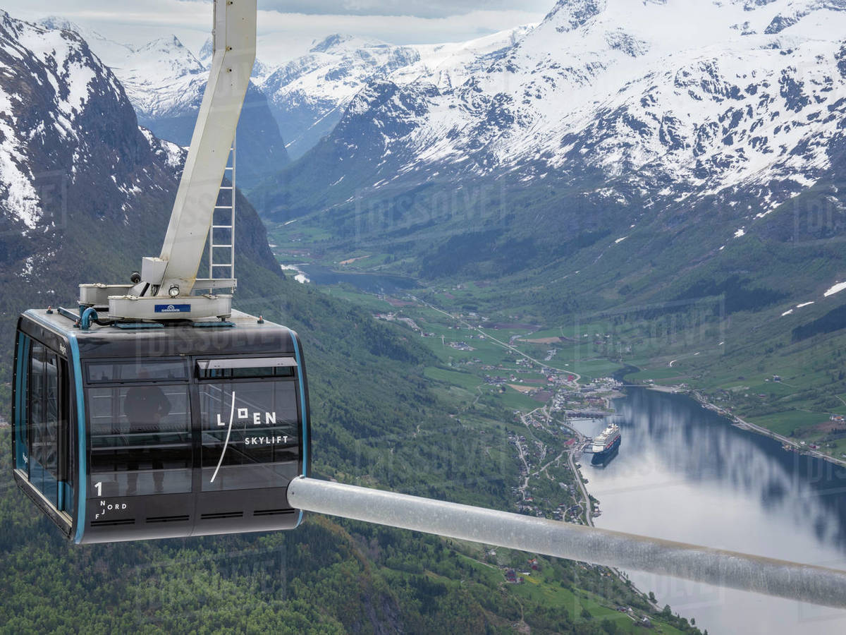 A view of the aerial tramway Loen Skylift from Mount Hoven above Nordfjord in Stryn, Vestland ...