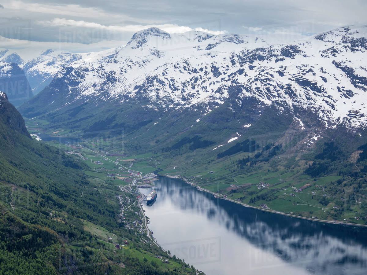 A view of the town of Loen from the aerial tramway Loen Skylift from ...