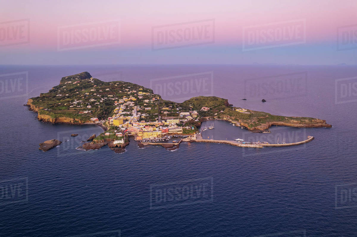 Aerial view of Ventotene island at dawn, Pontine Islands, Tyrrhenian ...