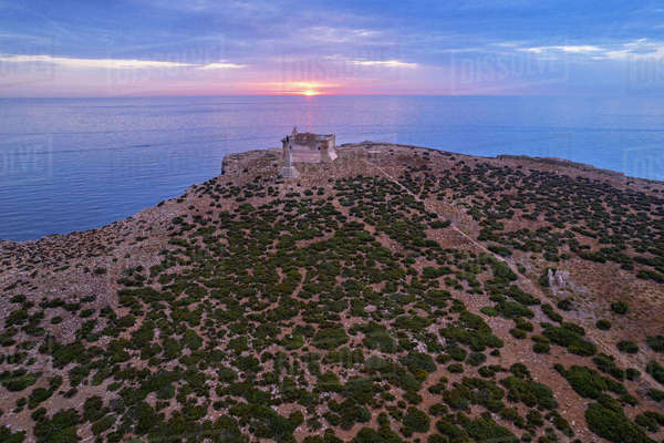 Aerial view of the fortified tower and island of Capo Passero at ...