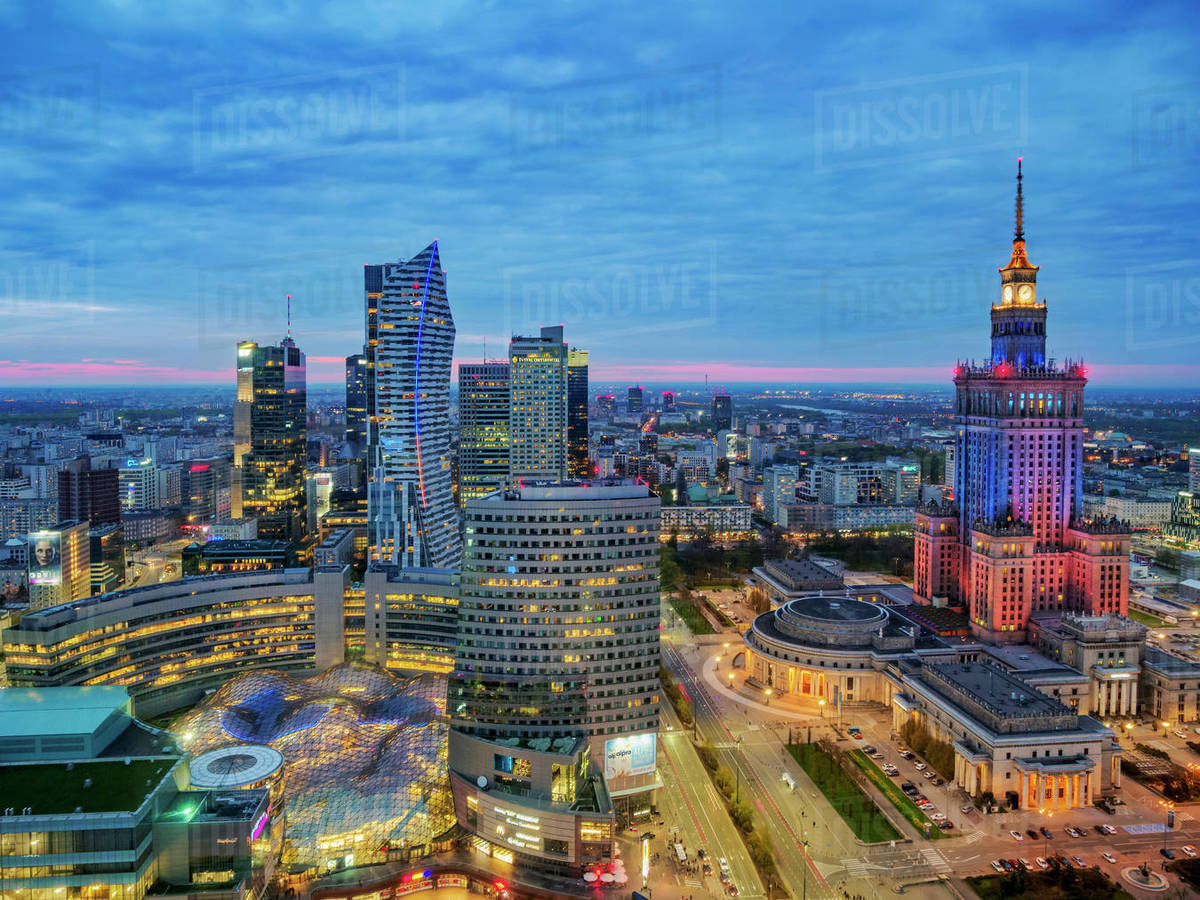City Centre Skyline and Palace of Culture and Science at dusk, elevated ...