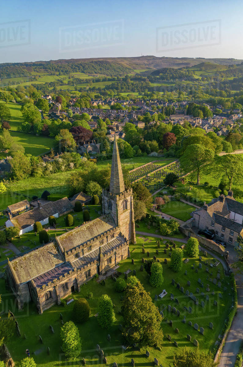 Aerial view of church and village of Hathersage village, Peak District ...