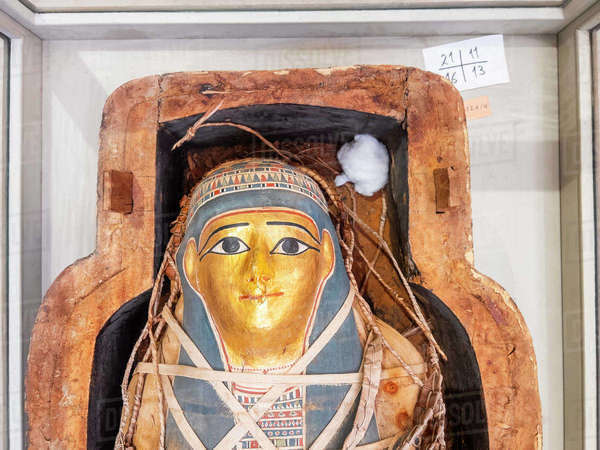 View of the remains of an ancient Egyptian Sarcophagus on display at ...