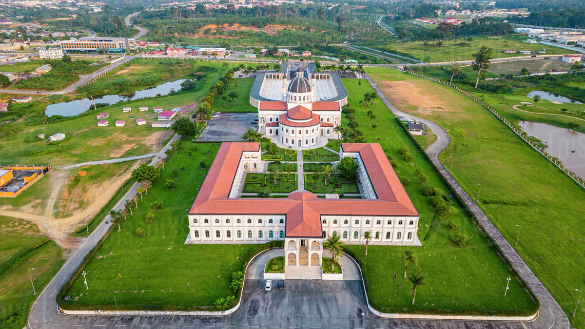Aerial of the Basilica of the Immaculate Conception, Mongomo, Rio Muni ...