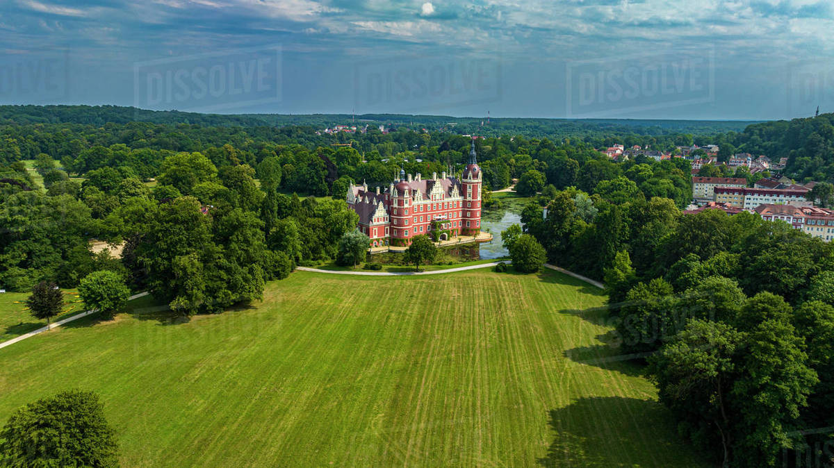 Aerial of Muskau Castle, Muskau (Muskauer) Park, UNESCO World Heritage ...