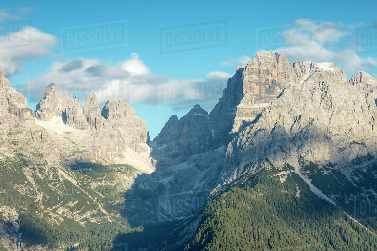 View of the high rocky peaks from Malga Ritorto, Madonna di Campiglio ...