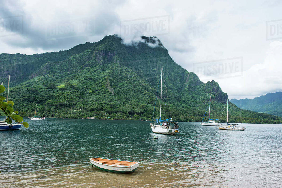 Sailing boat in Cooks Bay, Moorea, Society Islands, French Polynesia ...