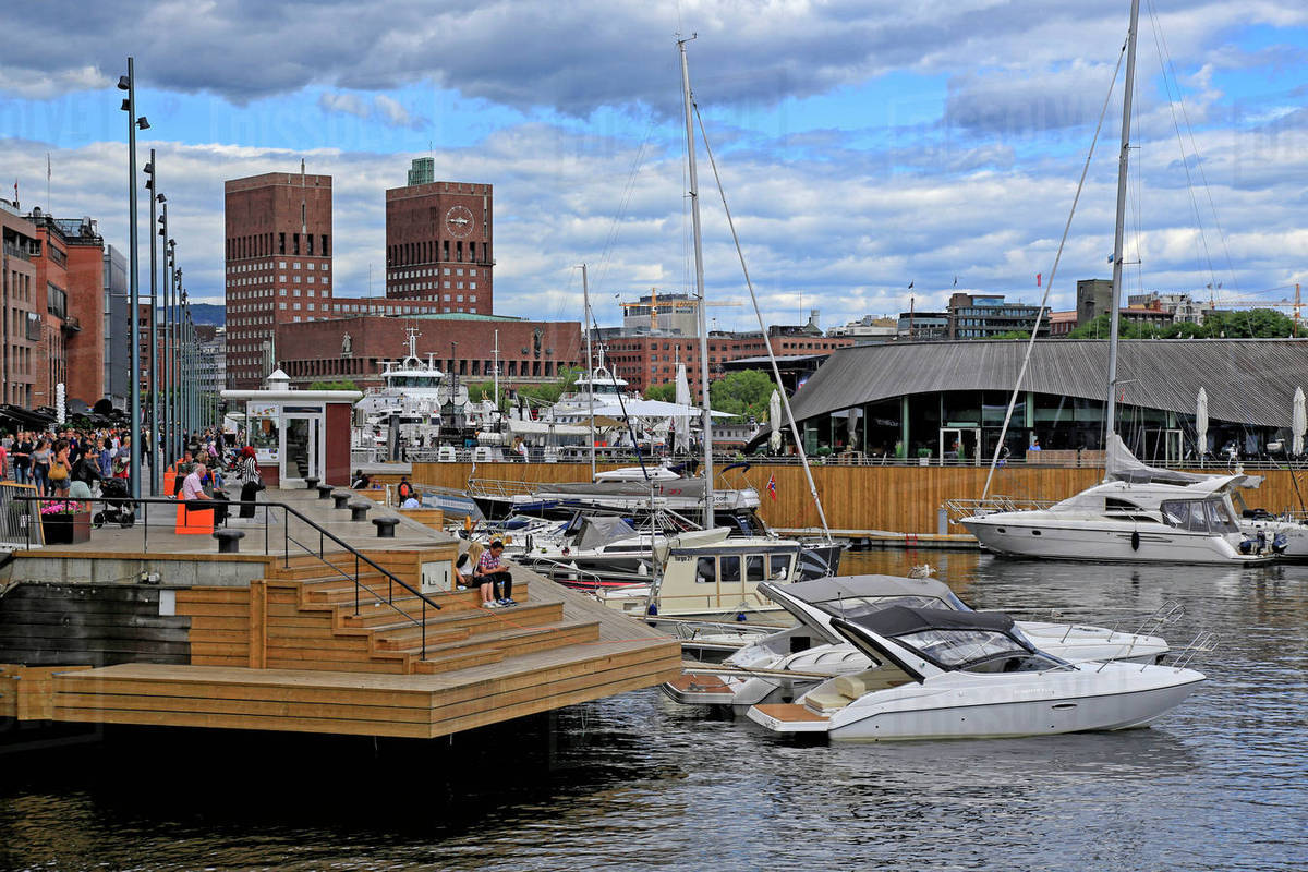 Aker Brygge and City Hall, Oslo, Norway, Scandinavia, Europe - Stock ...