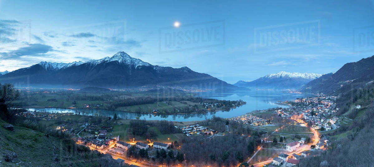 Panorama of Sorico and Lake Como seen from Chiesa Di San Miro at dusk ...