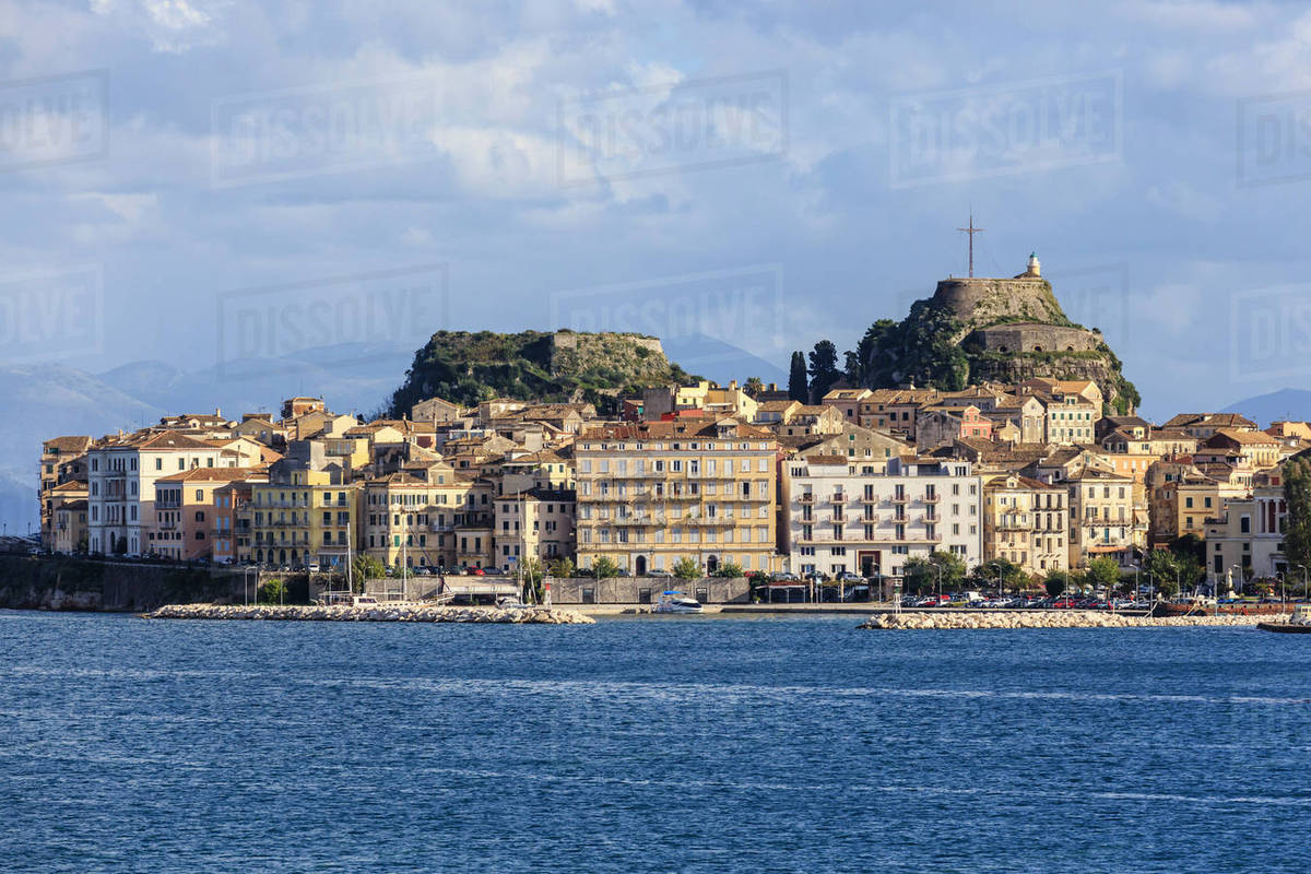 Waterfront, Old Fortress and Old Town from the sea, Corfu Town, UNESCO ...