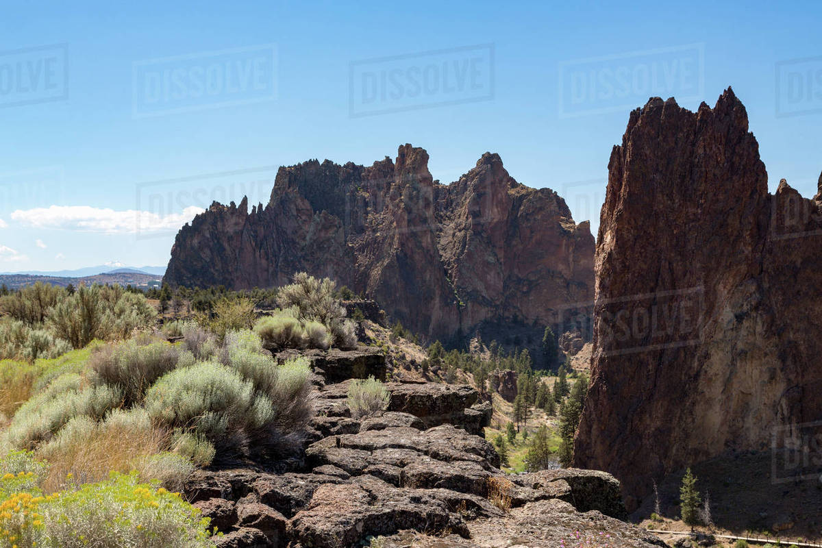 The rugged Smith Rock State Park in central Oregon's High Desert, near ...