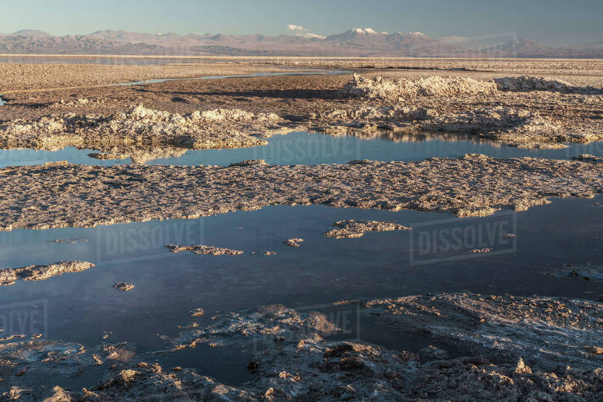 Salt residue piled up by Laguna Chaxa, Atacama Salt Flats, with snow ...