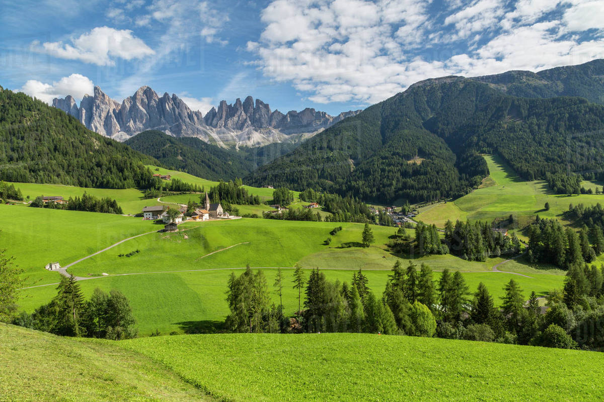 View of Church and mountain backdrop, Val di Funes, Bolzano Province ...