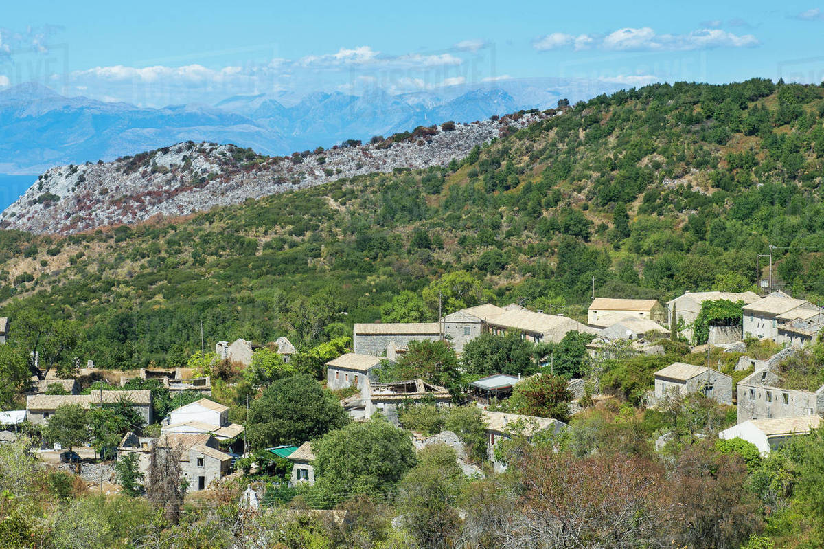 The mountain village of old Perithia, Corfu, Ionian islands, Greek ...