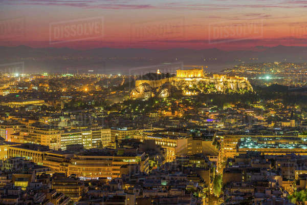View of Athens and The Acropolis from Likavitos Hill with the Aegean ...