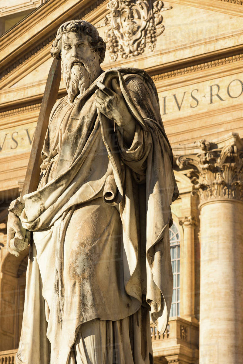 Prominent statue of St. Paul in front of St. Peter's Basilica, Vatican ...