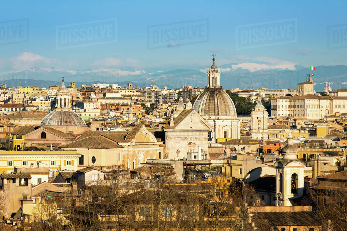 Historic Rome city skyline with domes and spires seen from Janiculum ...