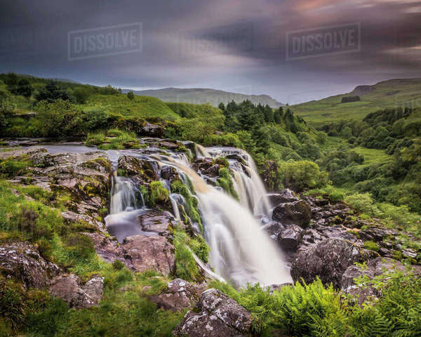 Sunset at the Loup o Fintry waterfall near the village of Fintry ...