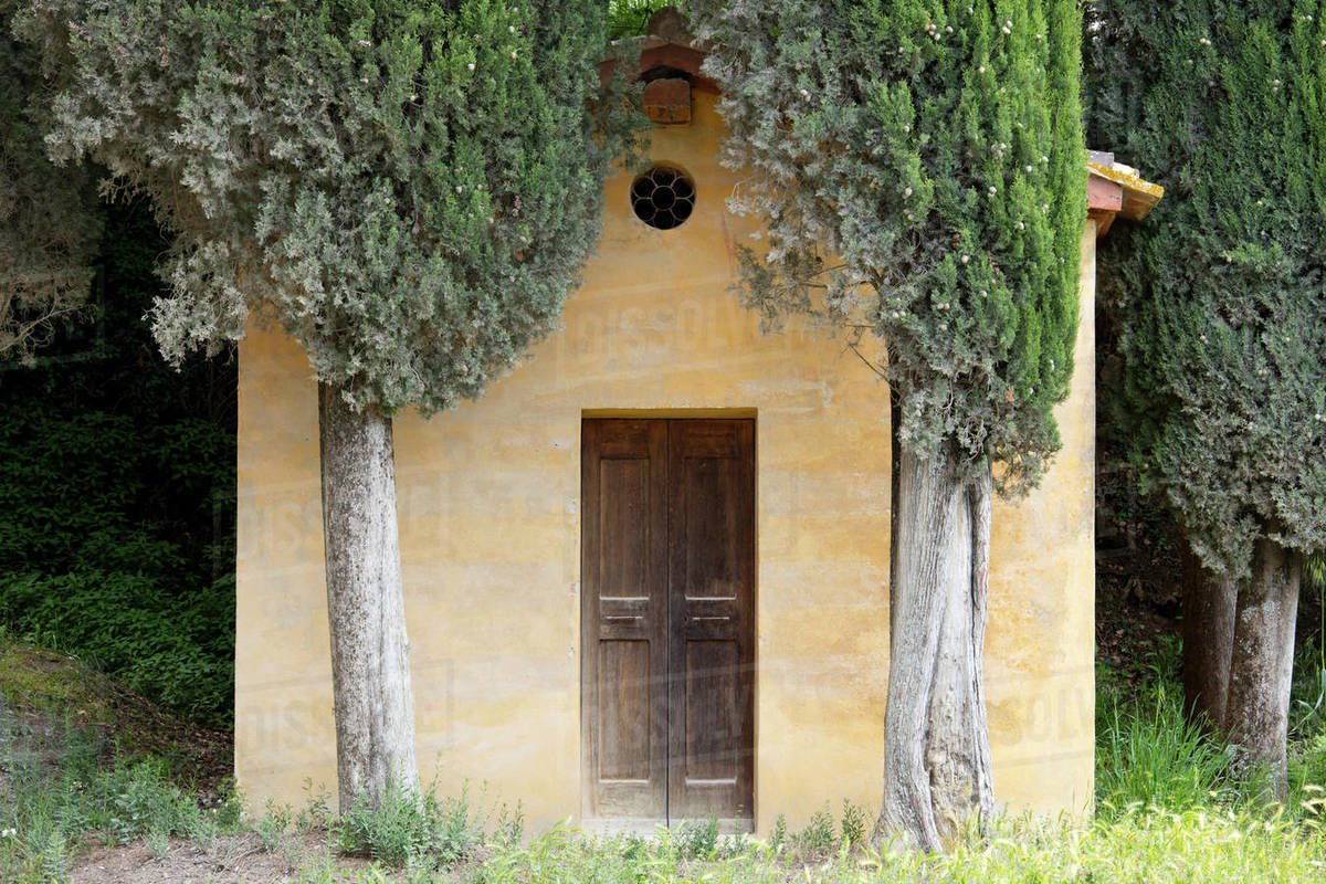 A small Tuscan chapel surrounded by Cypress trees near Lucignano d'Asso ...