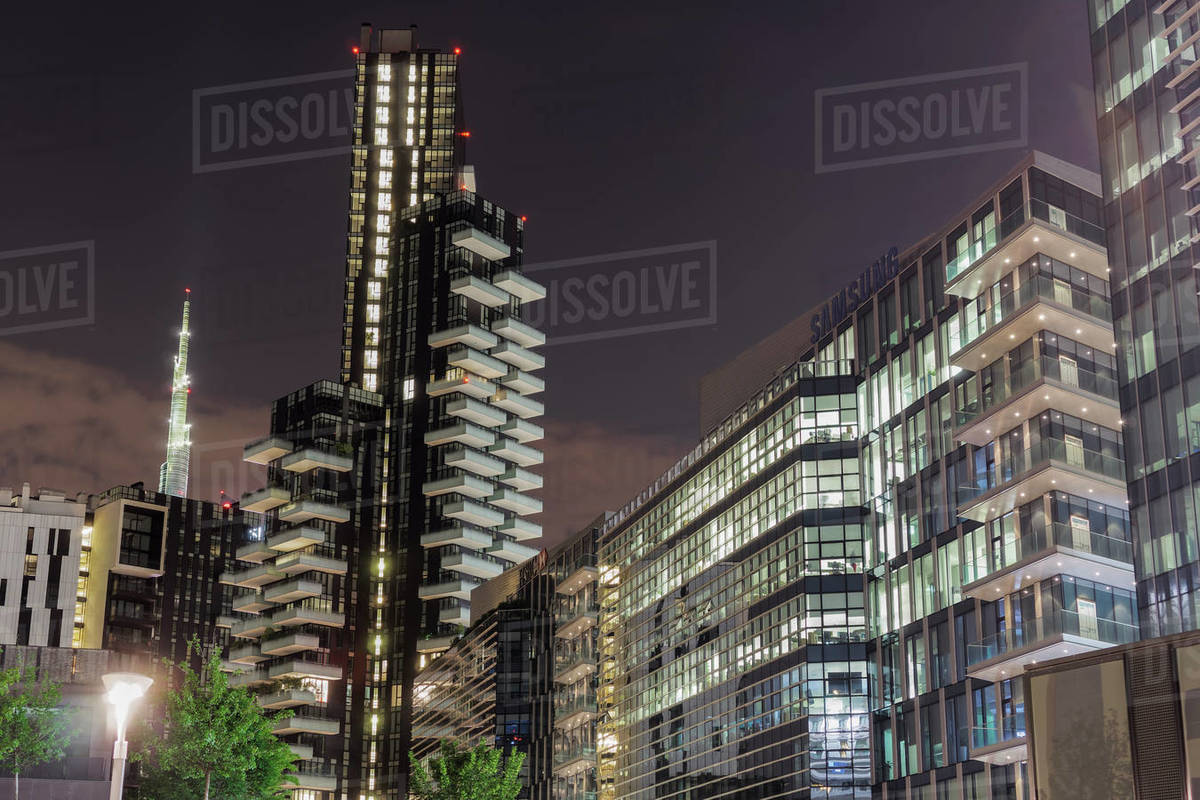 Skyline at night, iIlluminated view of modern Milano skyscrapers seen ...