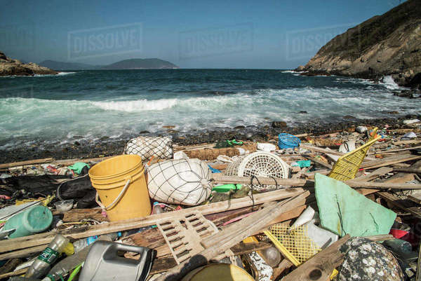 Beach covered in plastic rubbish, Lap Sap Wan, New Territories, Hong ...
