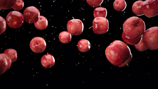 Red apple fruit drop down falling from top. 3D animation. Selective ...