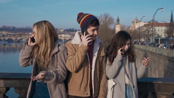 People standing on street and arguing on phone. Social problem ...
