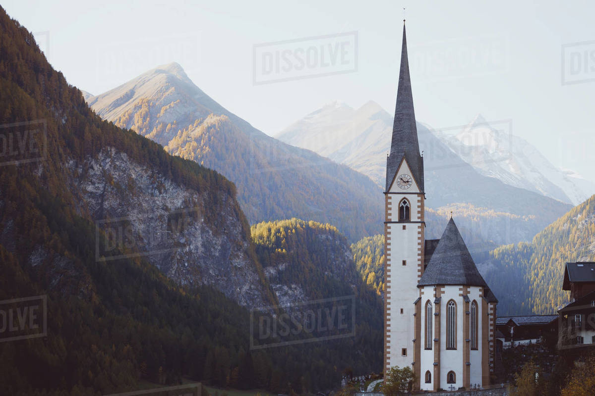 Famous church at the Heiligenblut town at the austrian alpine ...