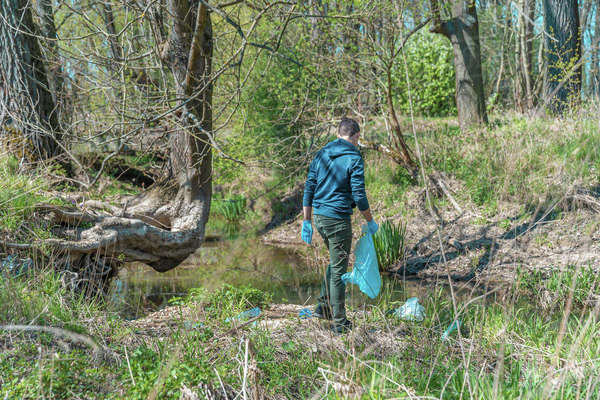 collecting plastic in nature, cleaning forests and meadows. - Stock ...
