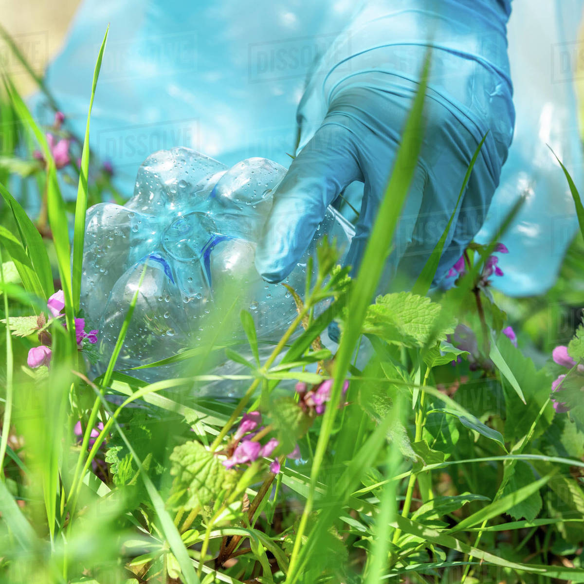 close-up on the hand of a man in rubber gloves collecting plastic waste ...
