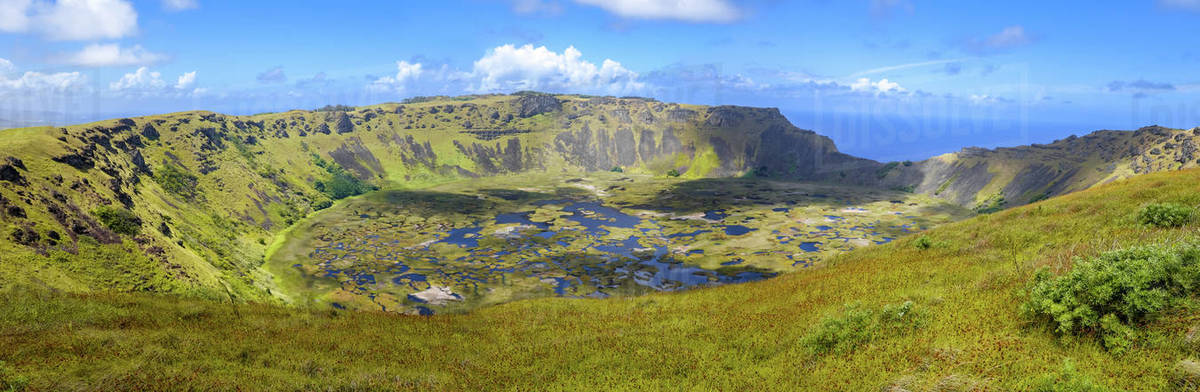 Rano Kau volcano crater in Easter Island panoramic view, Chile ...