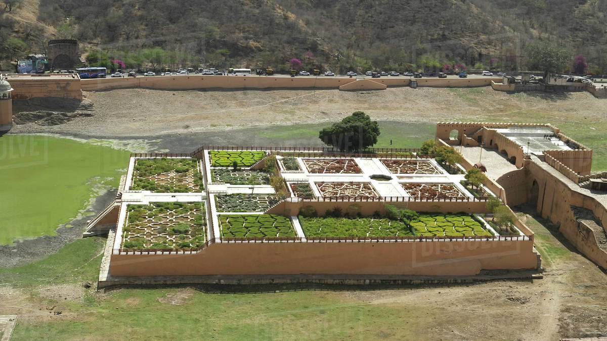 a high view of kesar kyari garden at amber fort - Stock Photo - Dissolve