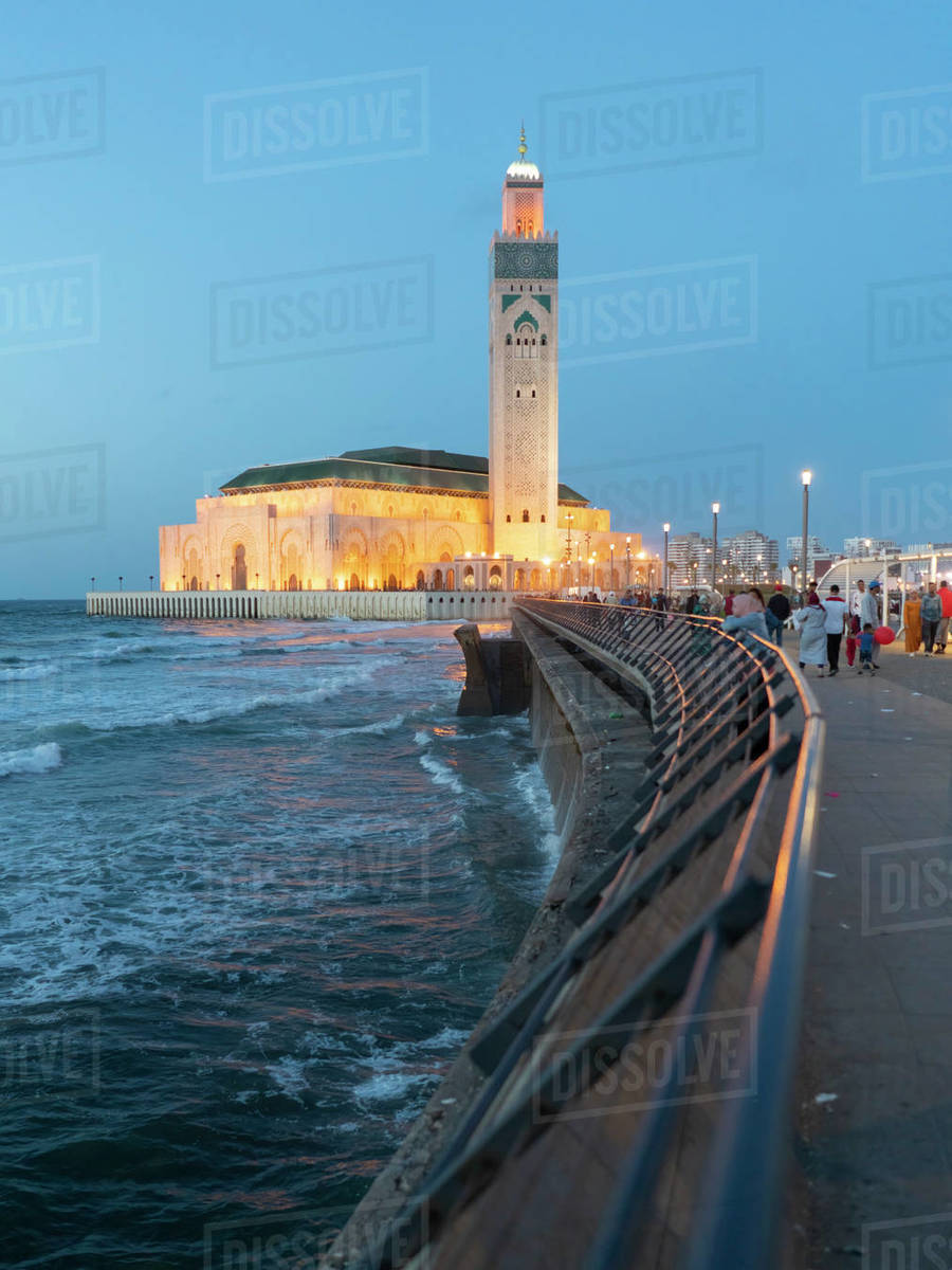 view at dusk of the waterfront and the hassan ii mosque in casablanca ...