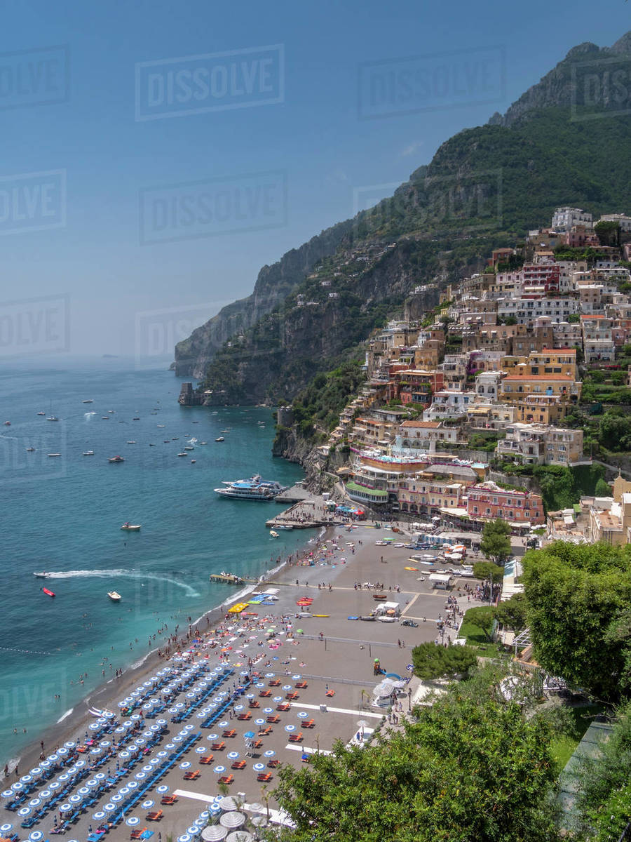 wide shot of positano beach on the amalfi coast in southern italy on a ...