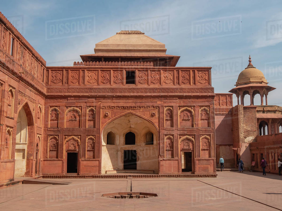AGRA, INDIA : the exterior of a palace building and courtyard at red ...