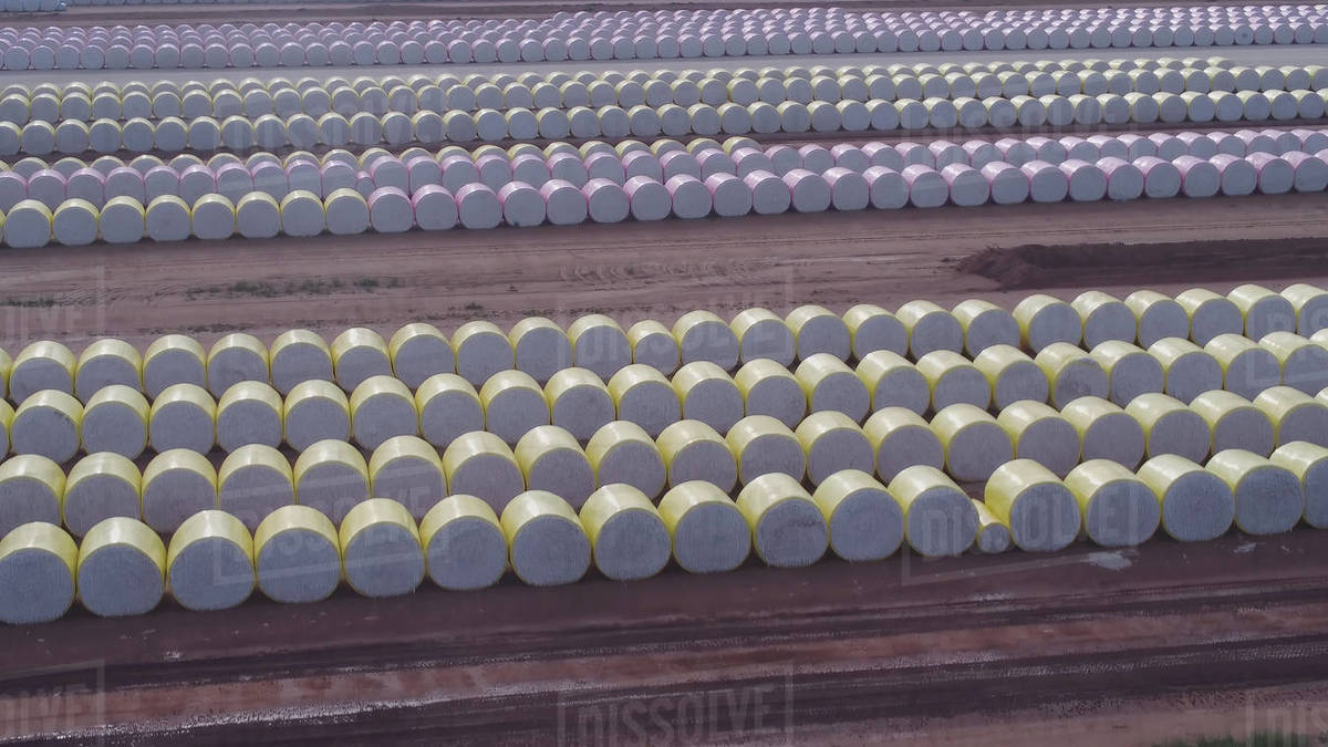 aerial view of rows of cotton bales to be processed by a cotton gin at trangie in western nsw ...