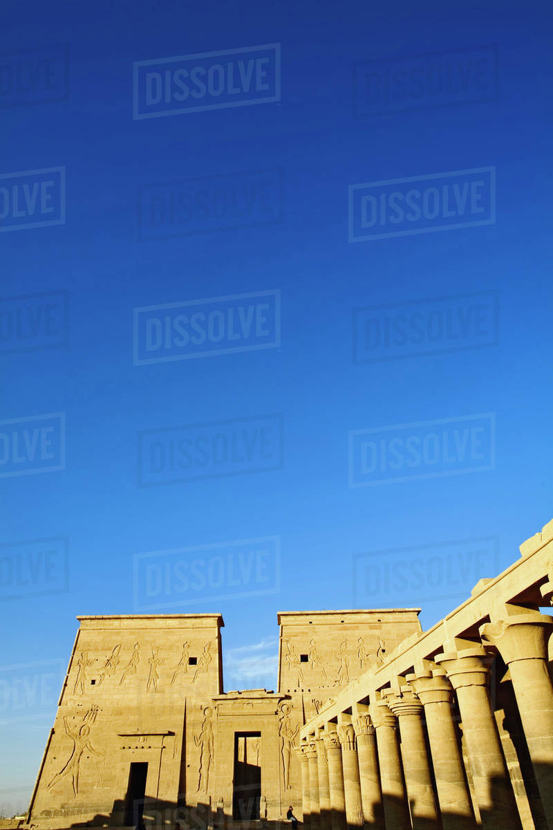 Columns and entry pylons with giant wall carvings, Temple of Philae, on ...
