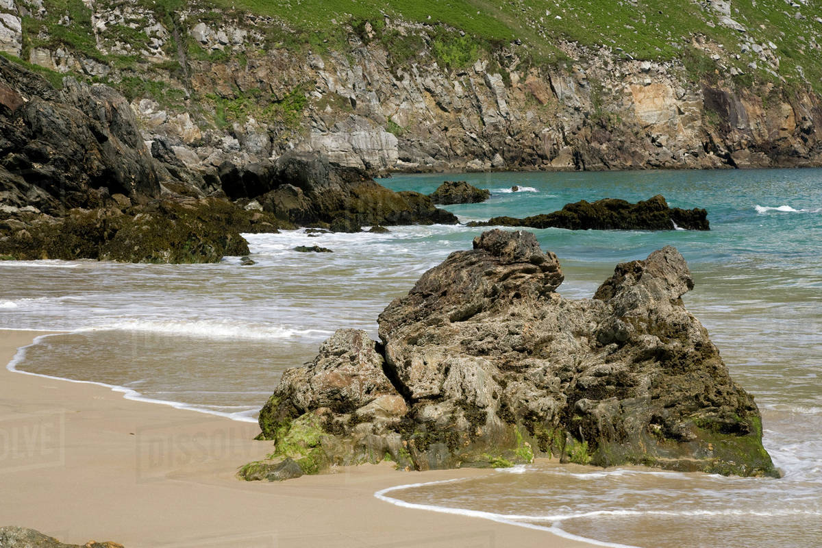 Ireland, County Mayo, Achill Island, Keem Strand. View of the coastline ...