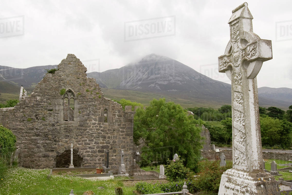 Ireland, County Mayo, Murrisk. Ruins and cemetery of Murrisk Abbey with ...
