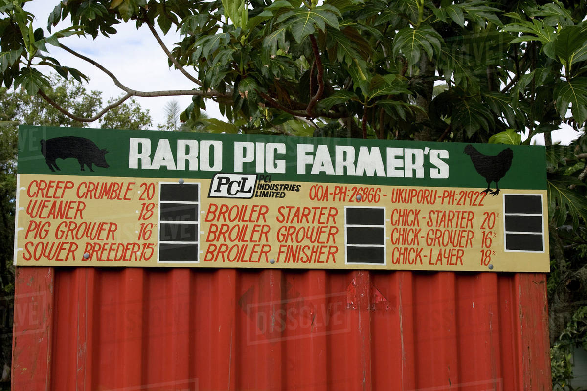 Polynesia, Cook Islands, Rarotonga. Raro Pig Farmer sign. - Royalty ...