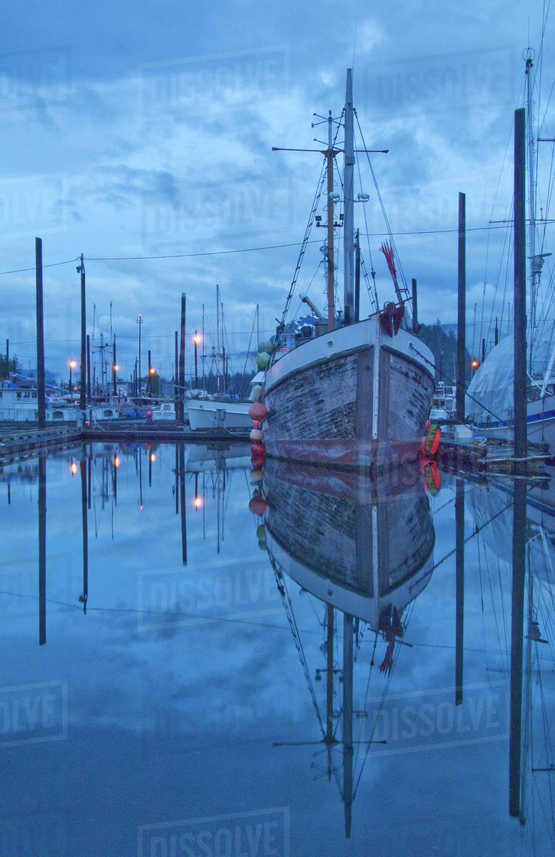 USA, Alaska, Inside Passage. Boats in harbor at twilight. - Stock Photo ...